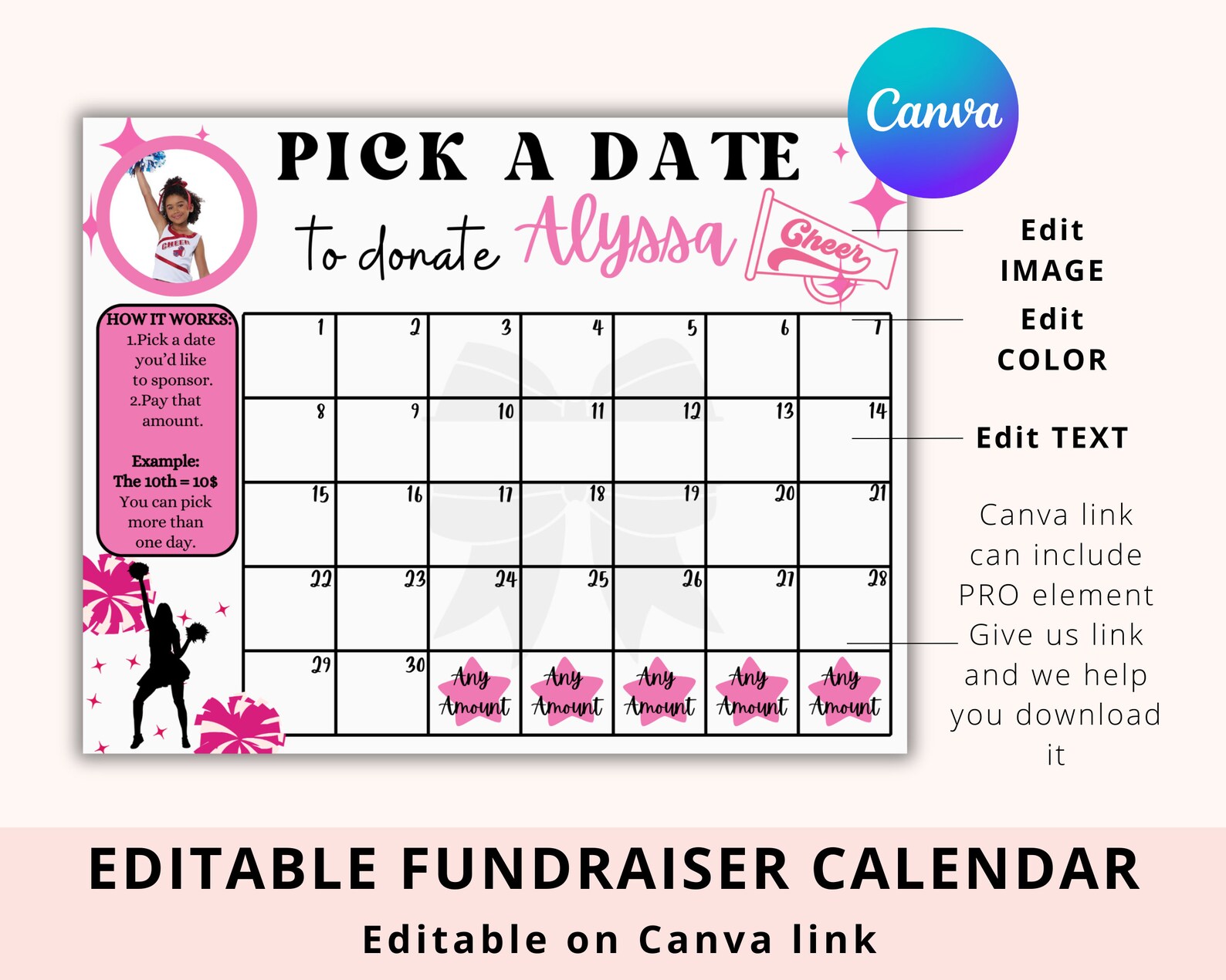 EDITABLE Cheer Template Pick a Date, Easter Fundraiser Calendar ...