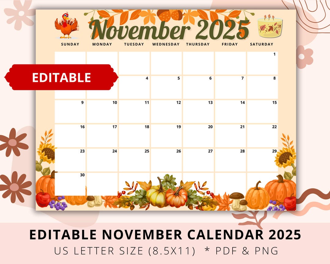 Editable Thanksgiving 2025 Calendar, School Thanksgiving Calendar ...