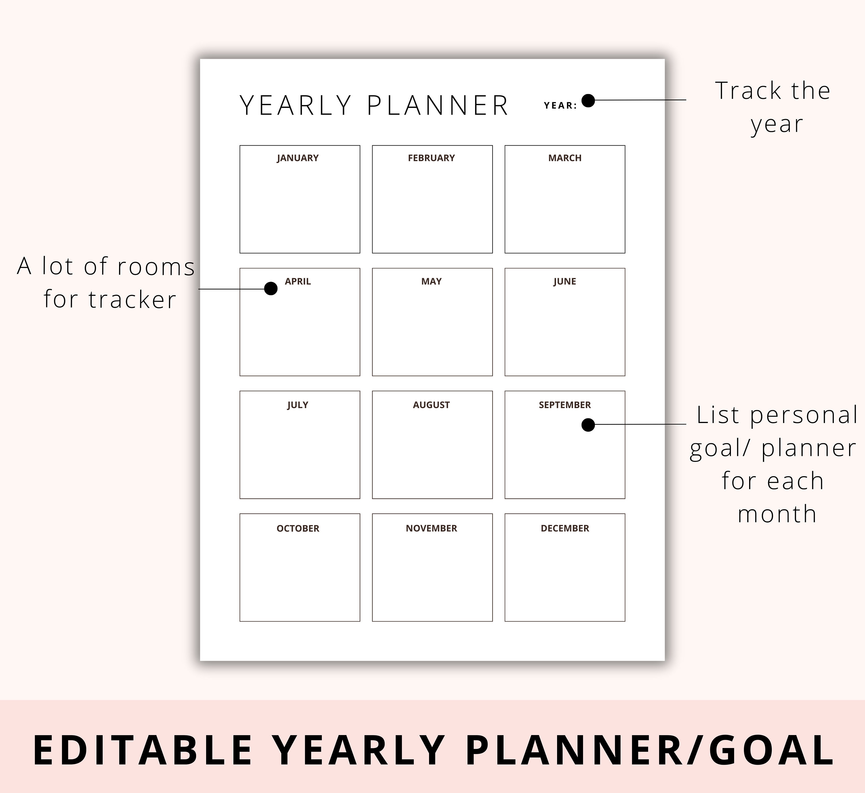 Editable Yearly Planner, Yearly Goals Planner, Year at A Glance, Goal ...