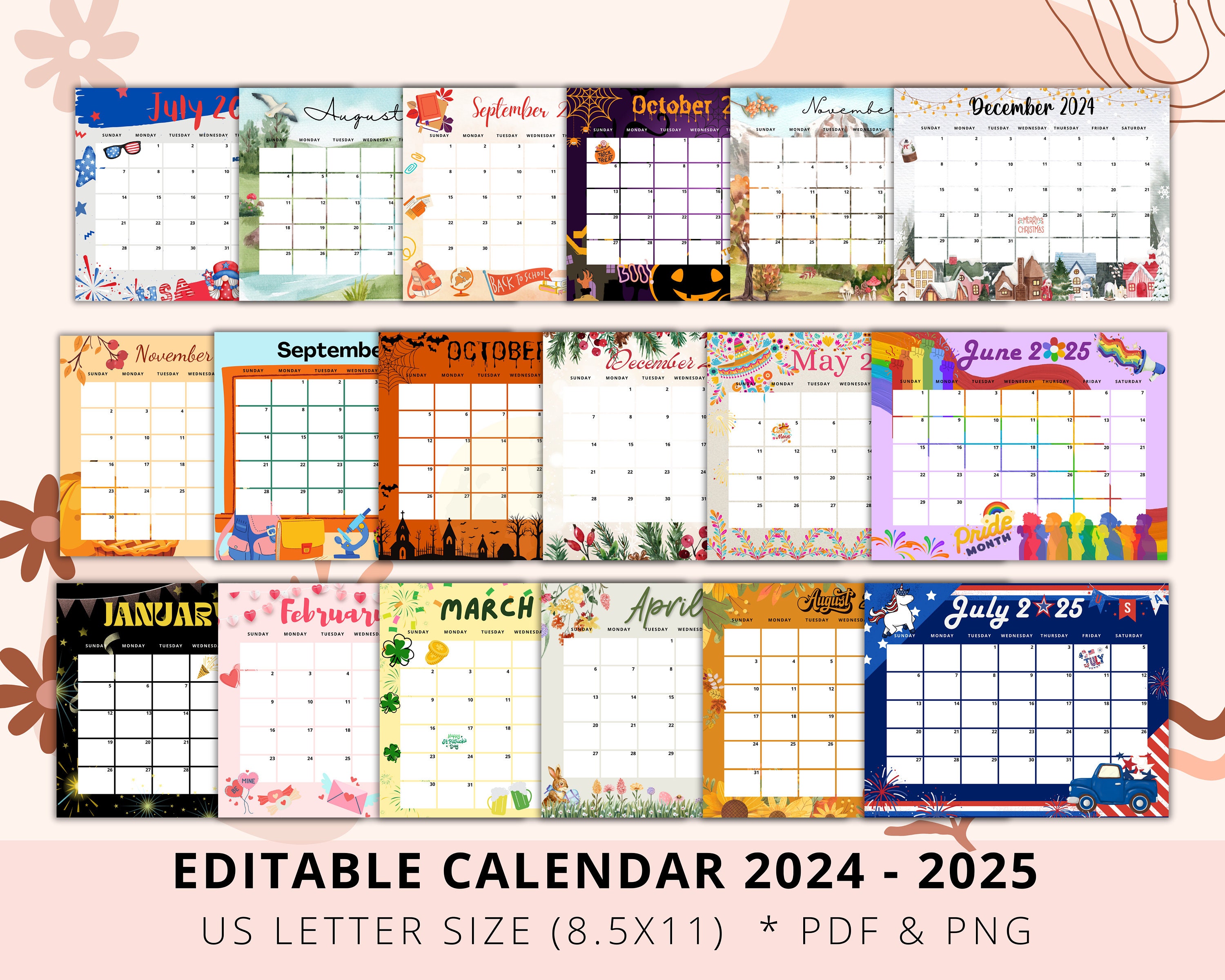 Editable Monthly Calendar 2024 2025, Teacher, Kid, Back to School ...