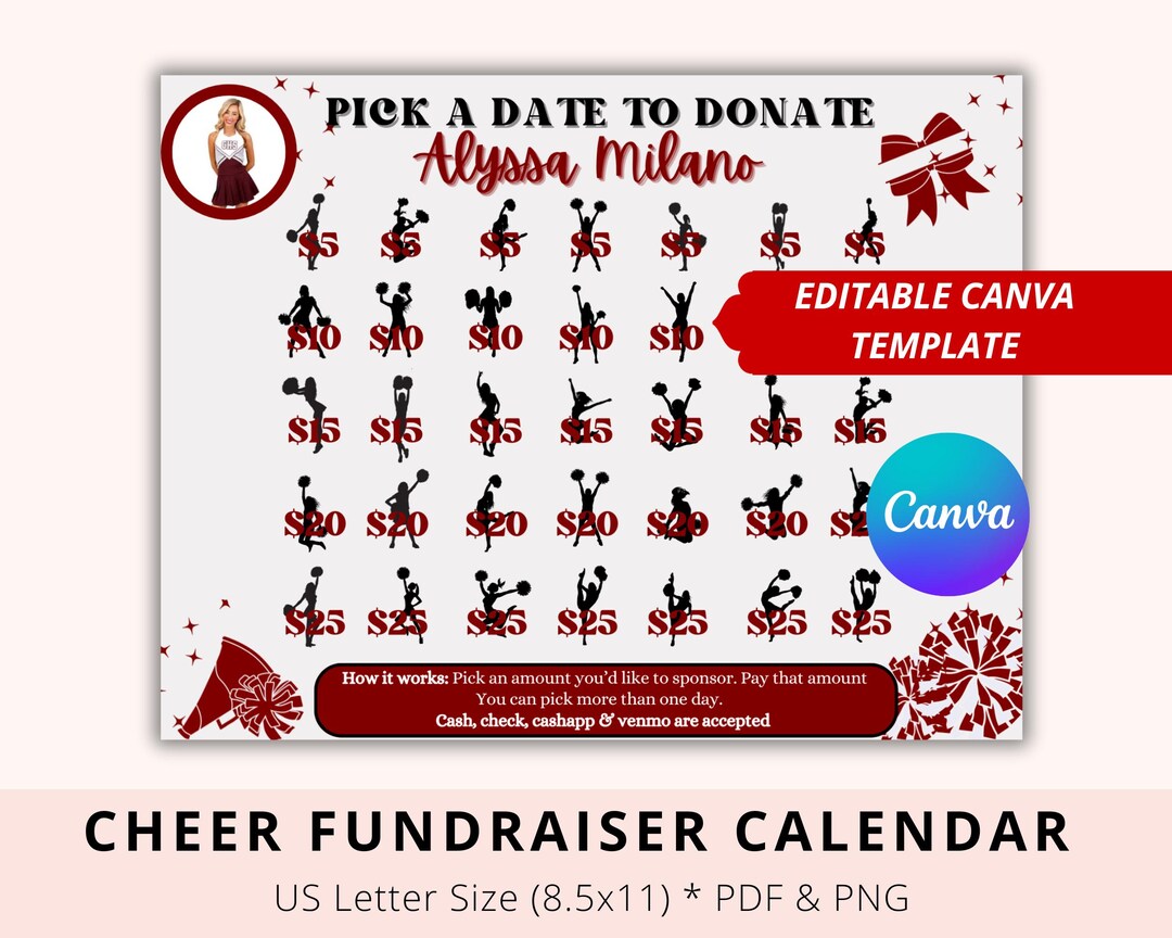 Editable Cheer Template Pick a Date, Fundraiser Calendar, Maroon Theme ...