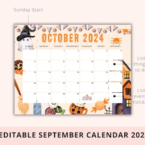 Editable October 2024 Calendar, Halloween 2024 Calendar, Kid Calendar ...