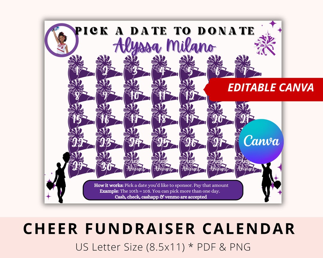 Editable Cheer Pick a Date to Donate, Black Out My Board, Purple, Pay ...