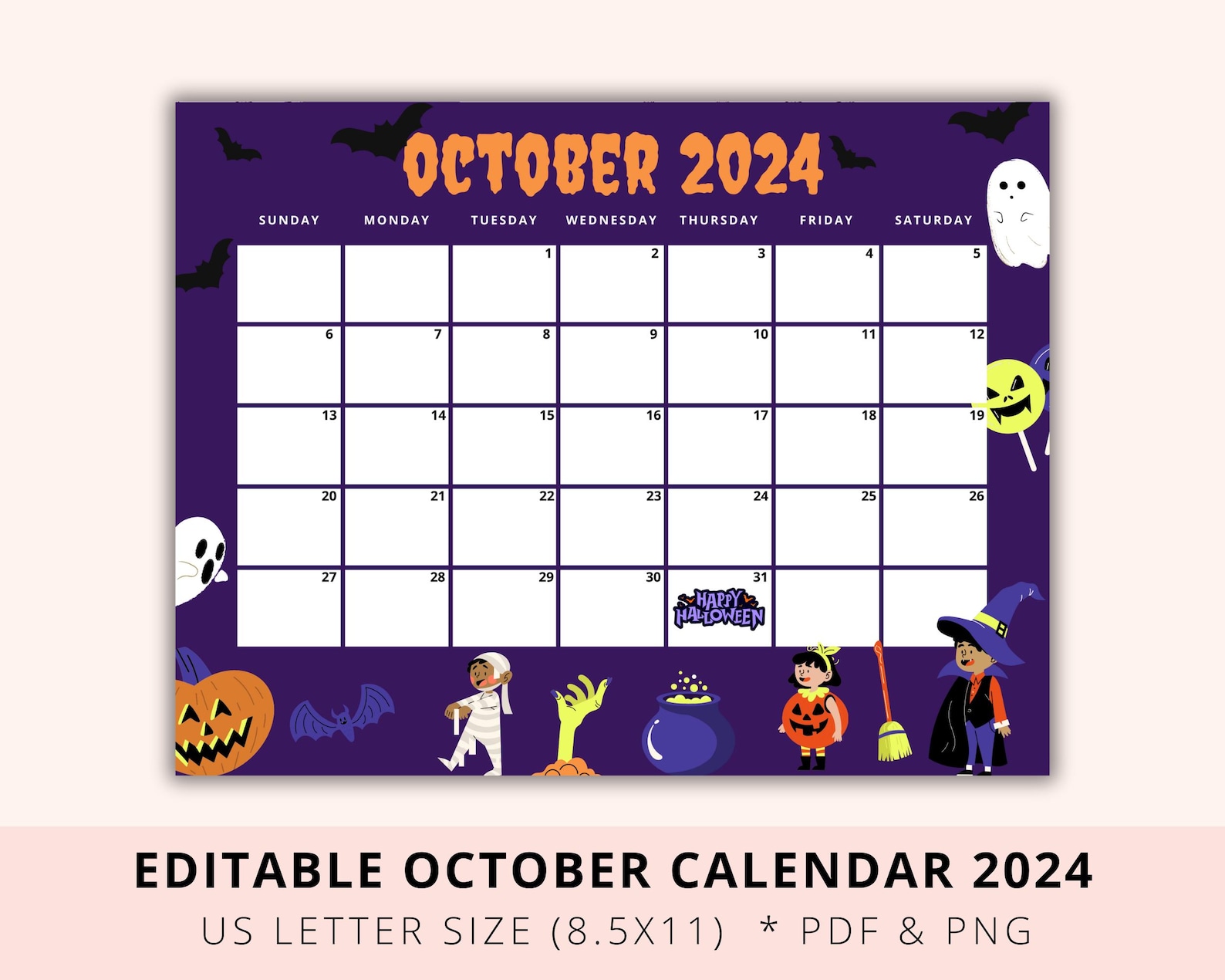 Editable October 2024 Calendar, Halloween 2024 Calendar, Kid Calendar ...