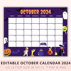 Editable October 2024 Calendar, Halloween 2024 Calendar, Kid Calendar ...