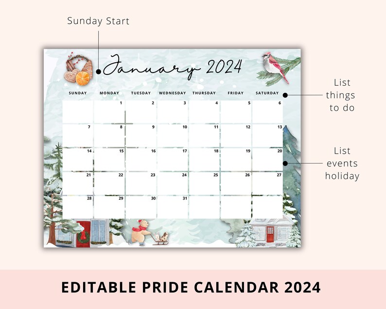 Editable Monthly Calendar 2024, Academic Planner, 12 Month, Holiday ...