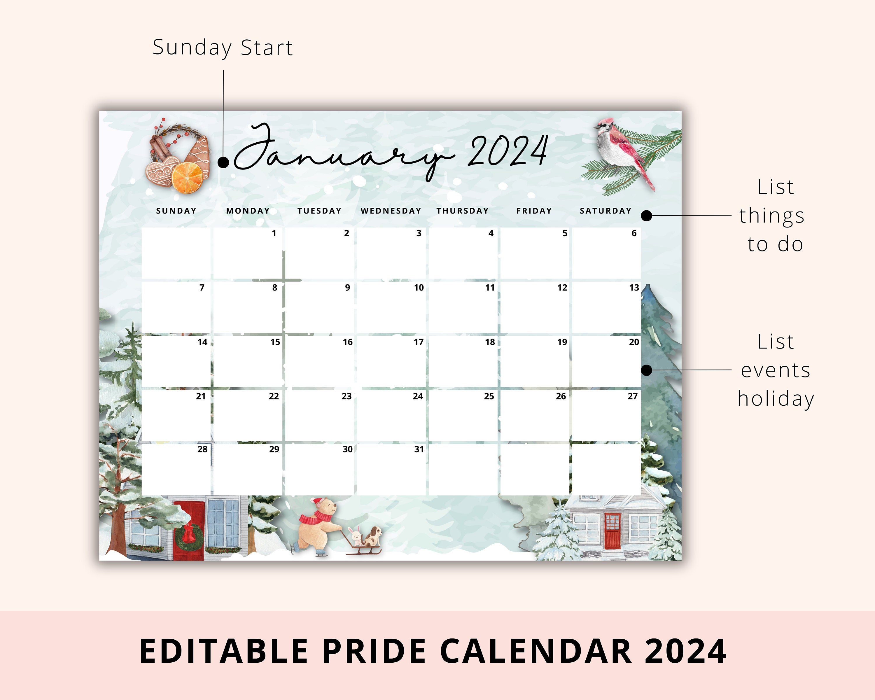 Editable Monthly Calendar 2024, Academic Planner, 12 Month, Holiday ...