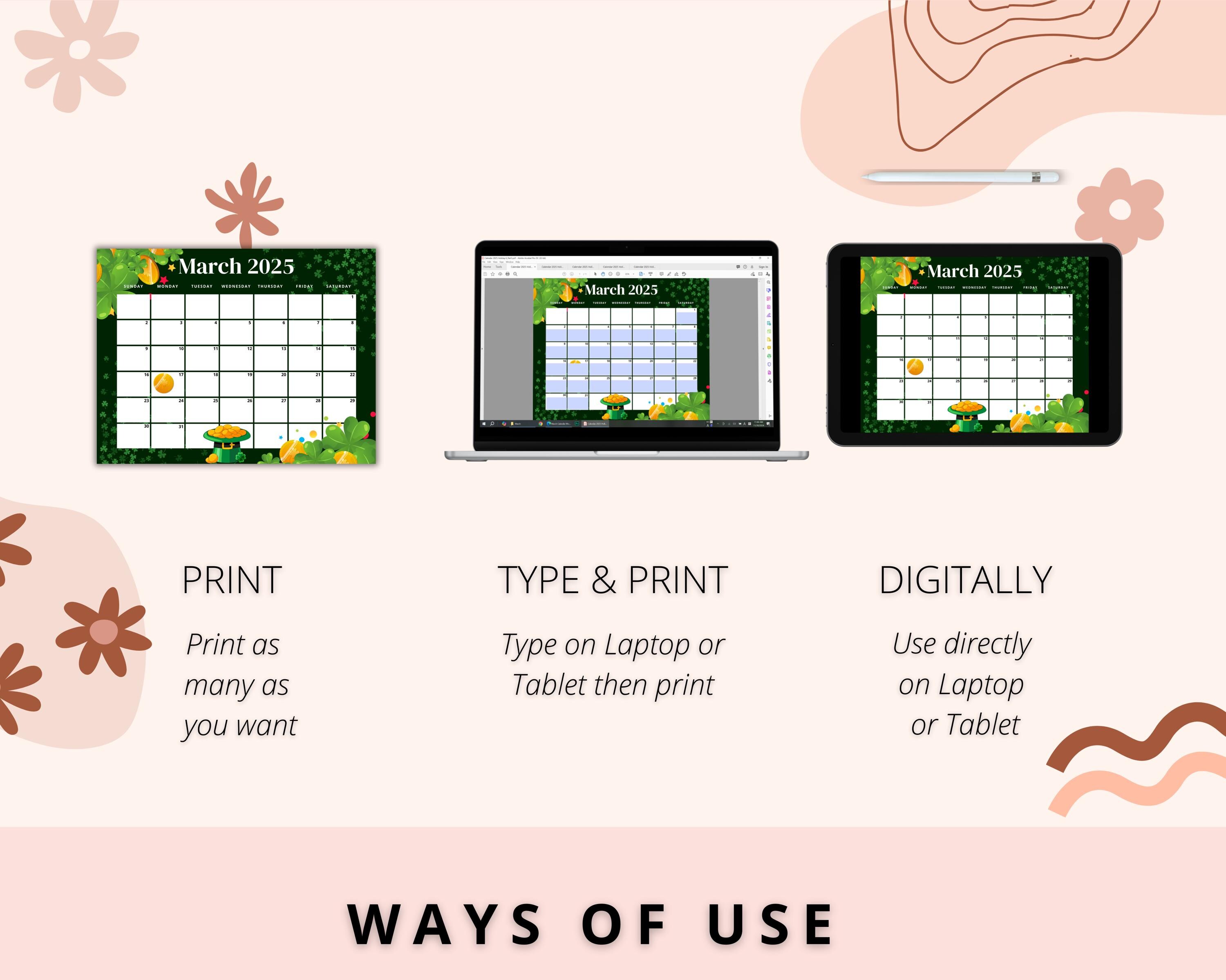 Editable March 2025 Calendar, St. Patrick's Day, Green Theme, March ...