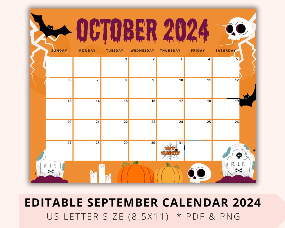 Editable October 2024 Calendar Printable, Trick or Treat, Halloween ...