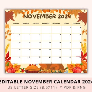 Editable Thanksgiving 2024 Calendar, November 2024 Calendar, Academic ...