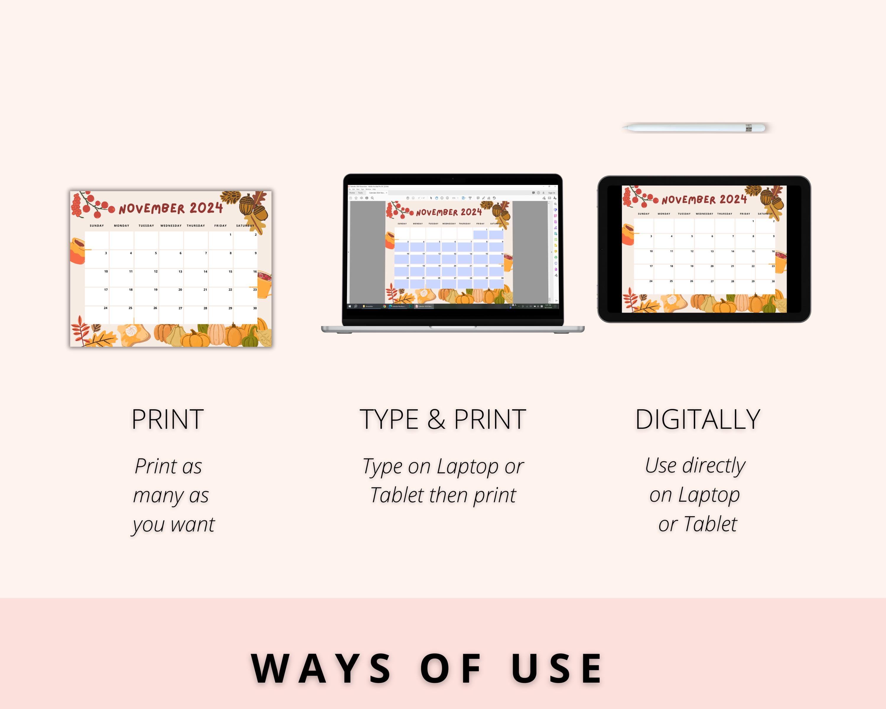 Editable Thanksgiving 2024 Calendar, November 2024 Calendar, Autumn ...