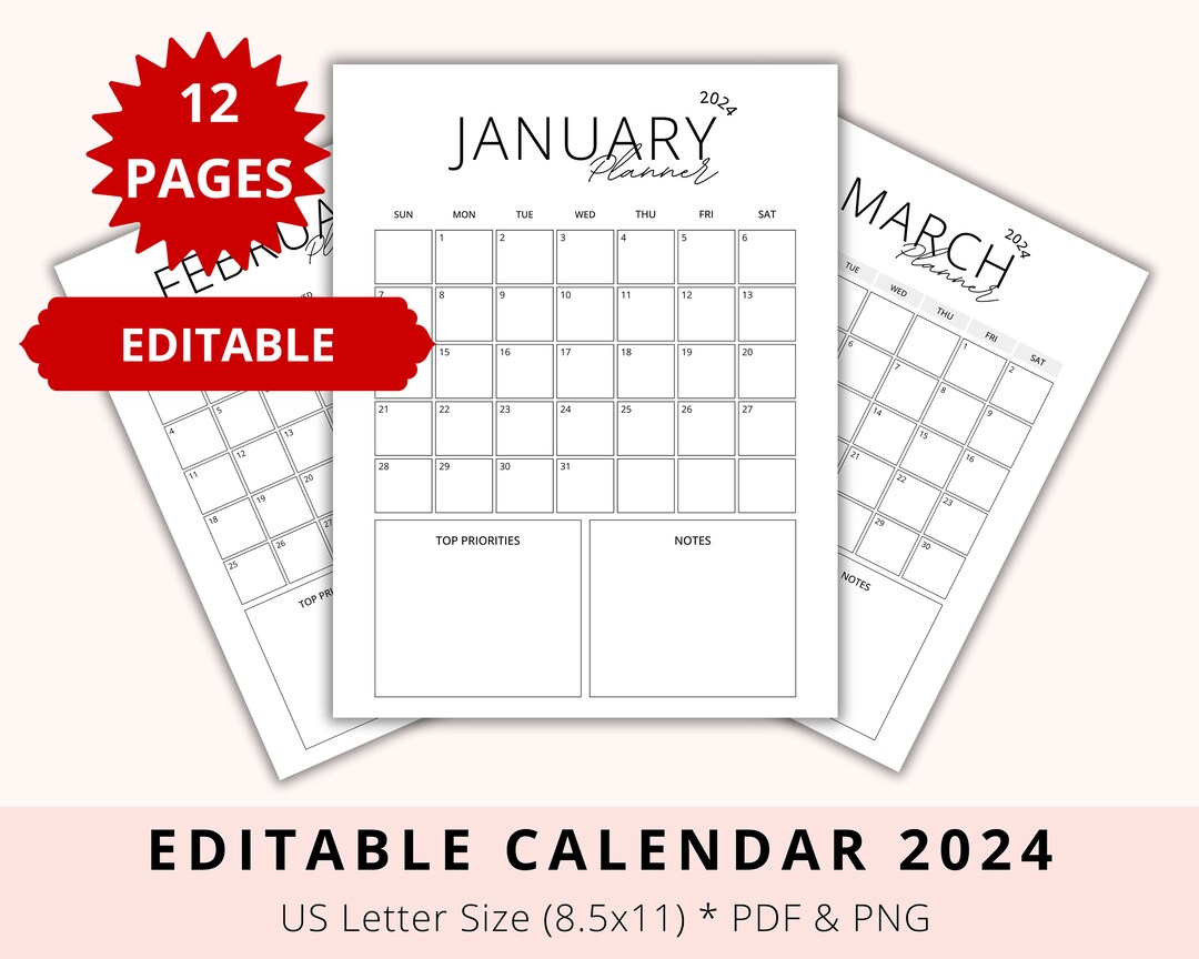 Editable 2024 Monthly Calendar, Template Calendar, School Calendar ...