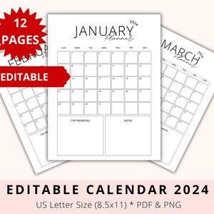 Editable 2024 Monthly Calendar, Template Calendar, School Calendar ...