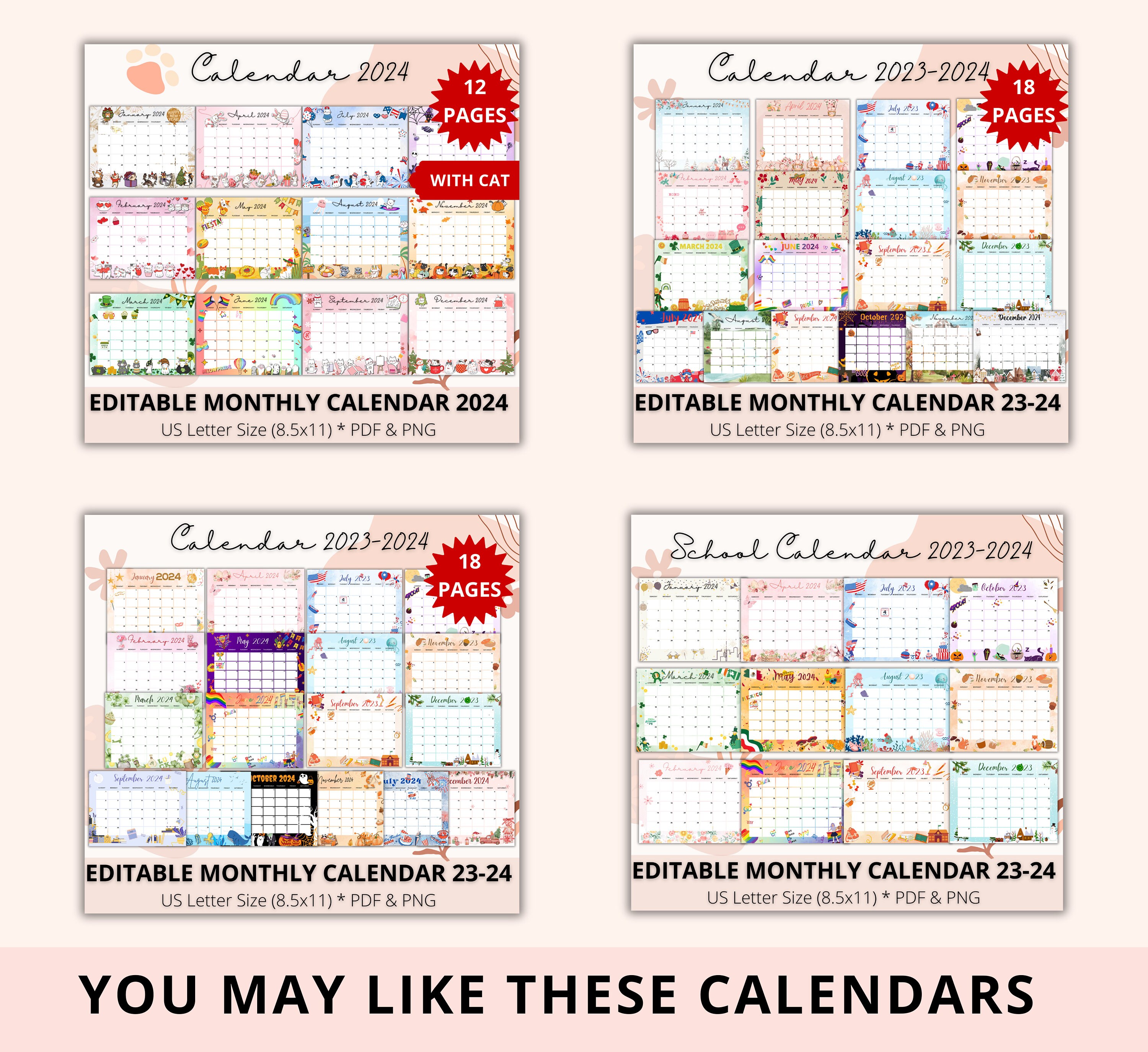 Editable 2024 Monthly Calendar, Template Calendar, School Calendar ...