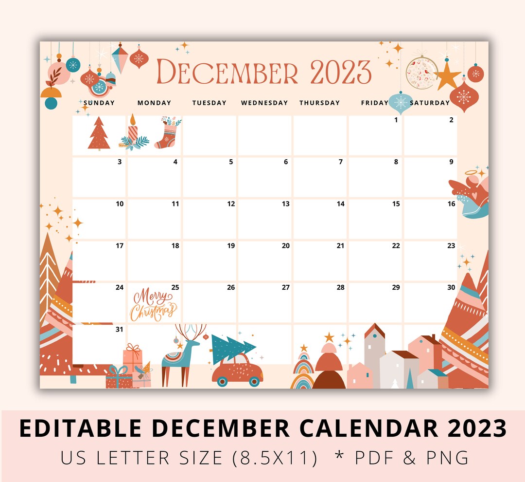 Editable Christmas Calendar 2023, December Calendar Printable, Boho ...