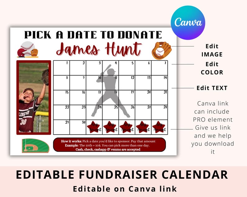 Editable Baseball Fundraiser Calendar, Maroon, Black Out My Board, Pick ...