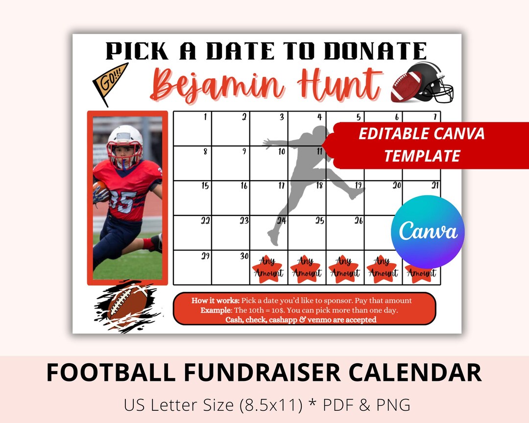 Editable Football Fundraiser Calendar, Red, Black Out My Board, Pick a ...