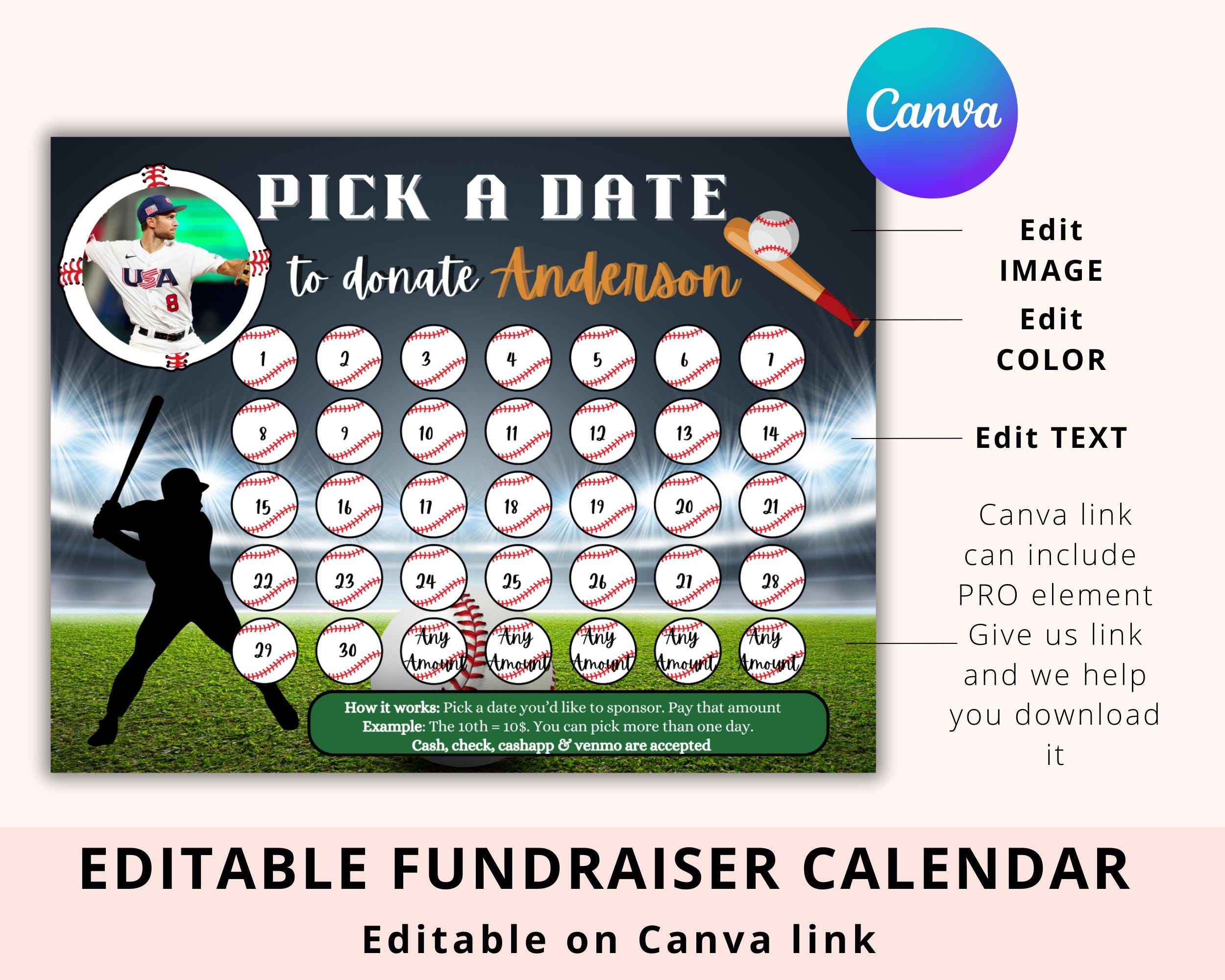Editable Baseball Black Out My Board, Pick a Date to Donate, Fundraiser ...