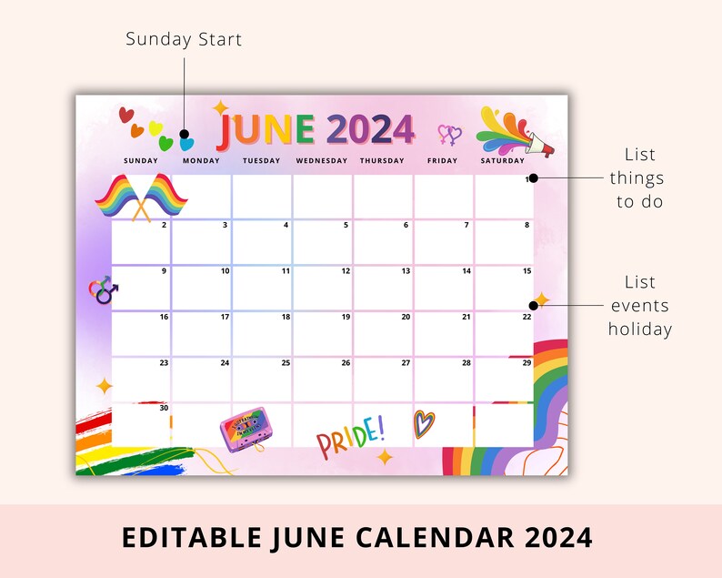 Editable June Calendar 2024, Pride Calendar 2024, Queer Proud, Academic ...