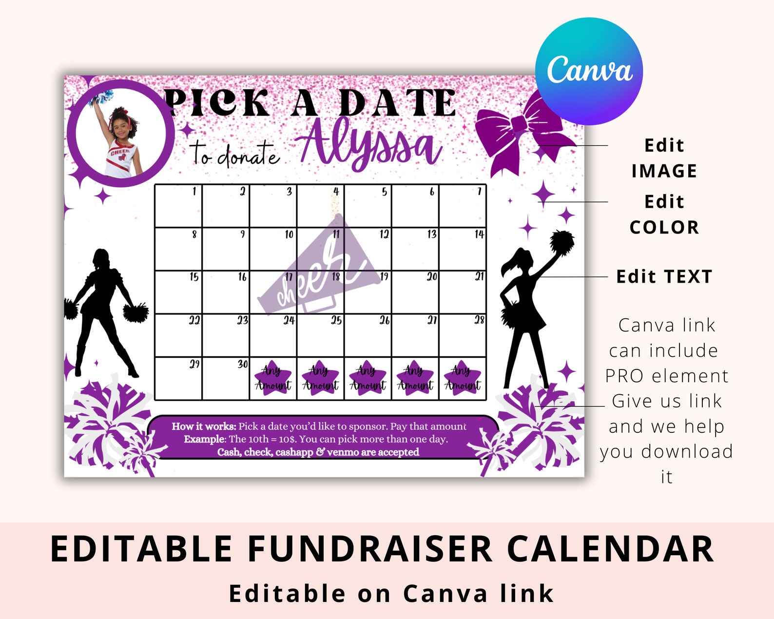 Editable Cheer Pick a Date to Donate, Purple Theme, Cheer School ...