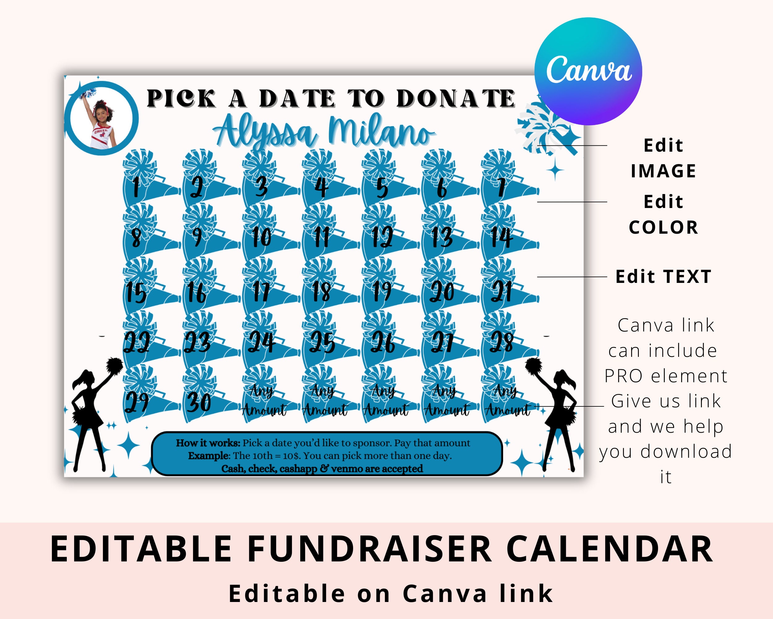 Editable Cheer Fundraiser Calendar, Cheer School Donate, Navy Theme ...