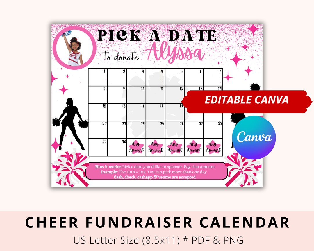 Editable Cheer Pick a Date to Donate, Black Out My Board, Pink Theme ...