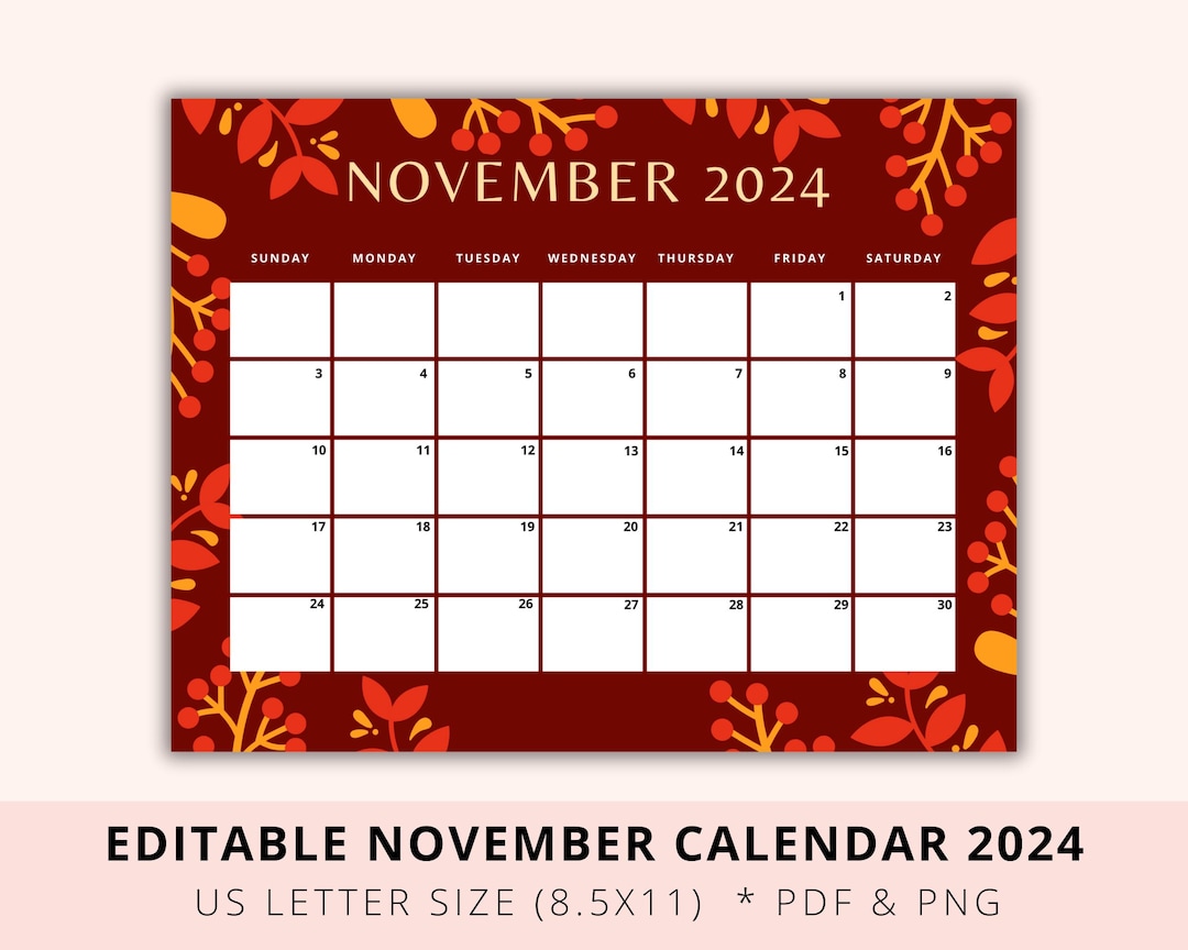 Editable Thanksgiving 2024 Calendar, November 2024 Calendar, Autumn ...