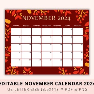 Editable Thanksgiving 2024 Calendar, November 2024 Calendar, Autumn ...