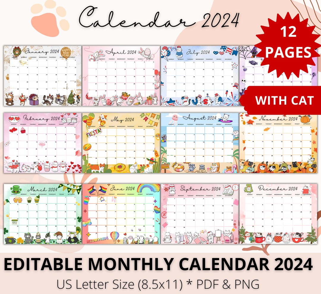 Editable Monthly Calendar 2024, Holiday Calendar, Cat Lover, School ...