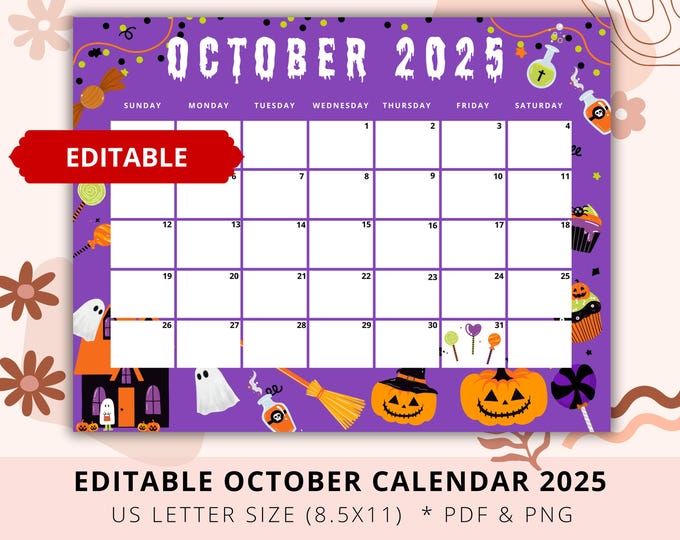 Editable Fillable October 2025 Calendar for Spooky Happy Halloween ...