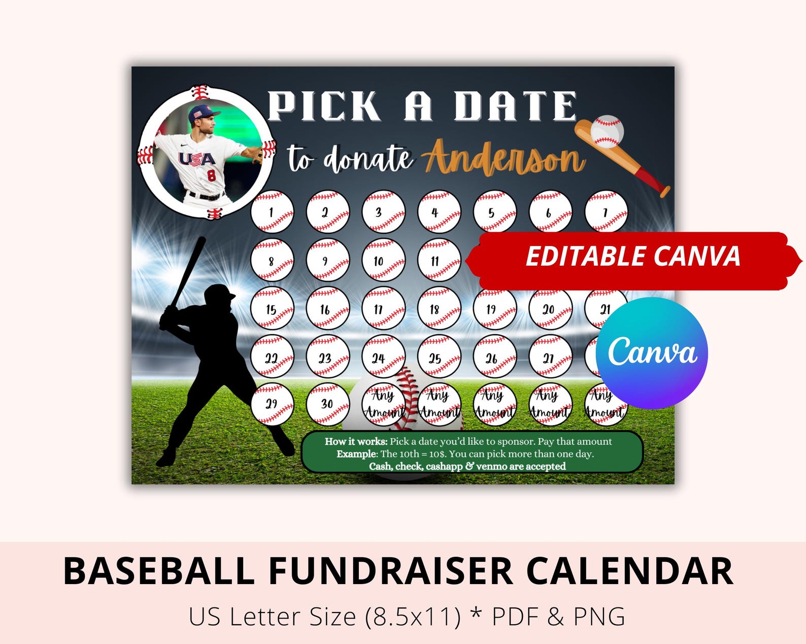 Editable Baseball Black Out My Board, Pick a Date to Donate, Fundraiser ...