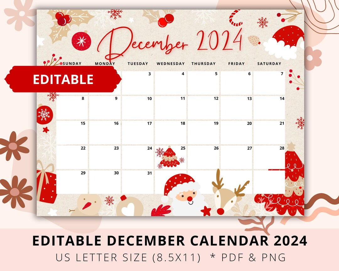 Editable Christmas 2024 Calendar, December 2024 Calendar, Classroom ...
