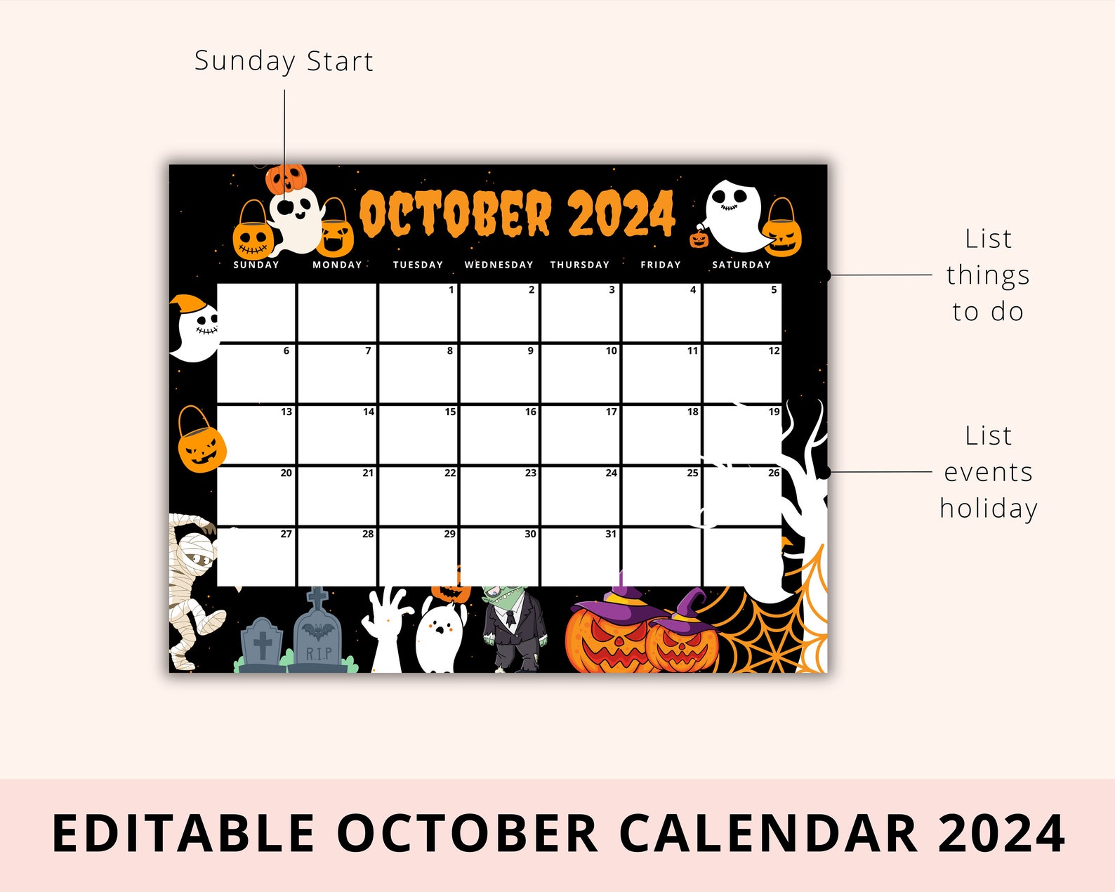 Editable Halloween Calendar 2024, October 2024 Calendar, Trick or Treat ...