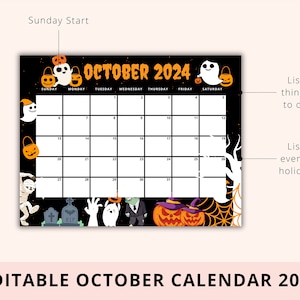 Editable Halloween Calendar 2024, October 2024 Calendar, Trick or Treat ...