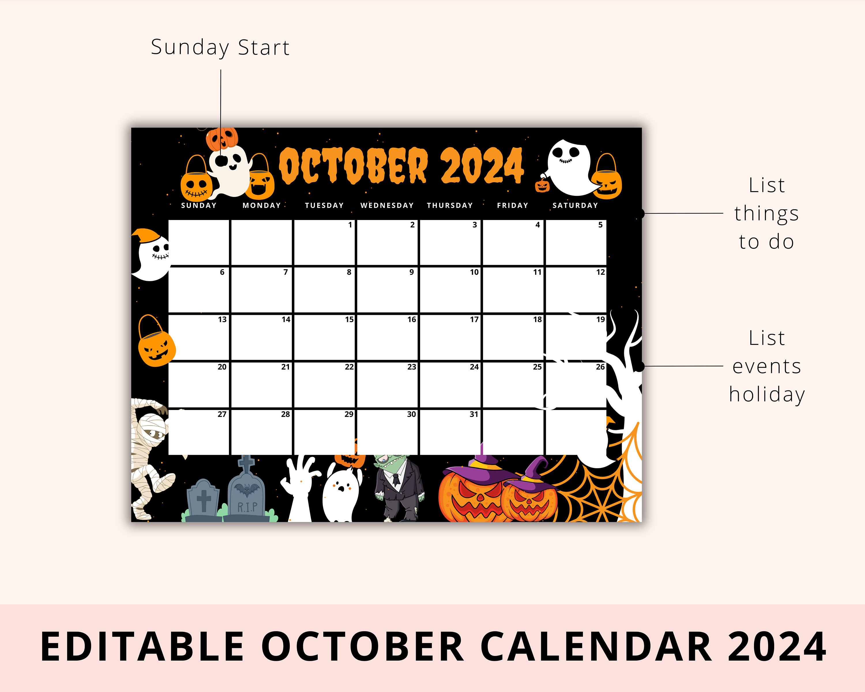 Editable Halloween Calendar 2024, October 2024 Calendar, Trick or Treat ...