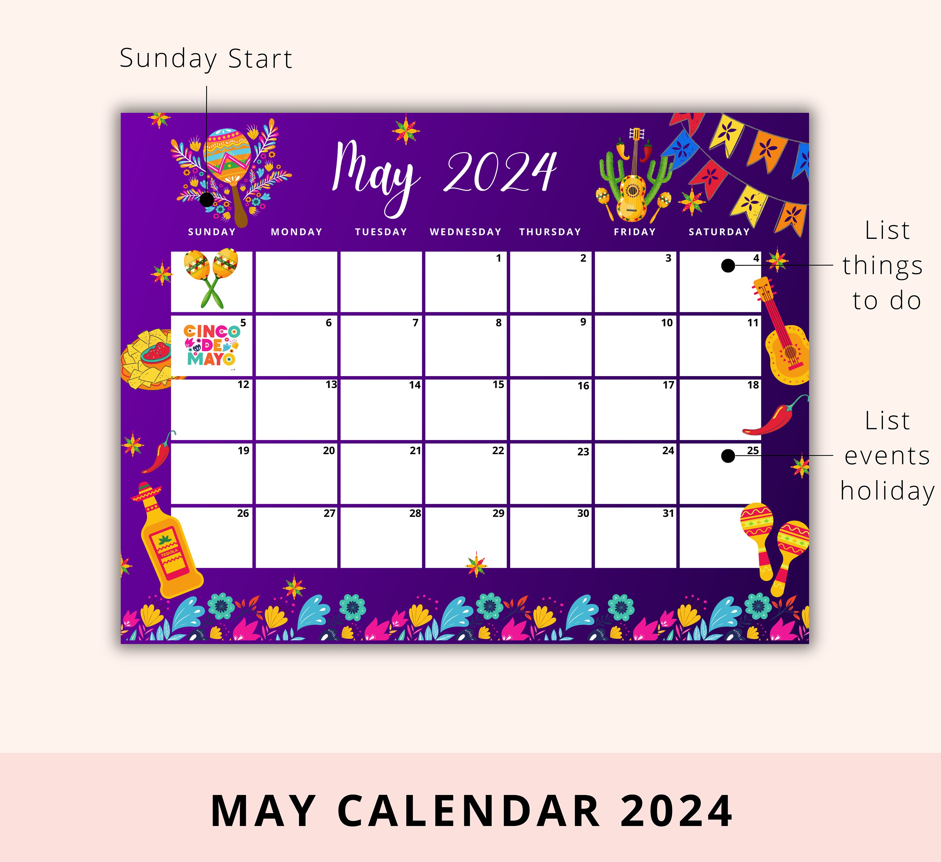 Editable May Calendar 2024, Cinco De Mayo Calendar, Holiday Calendar ...