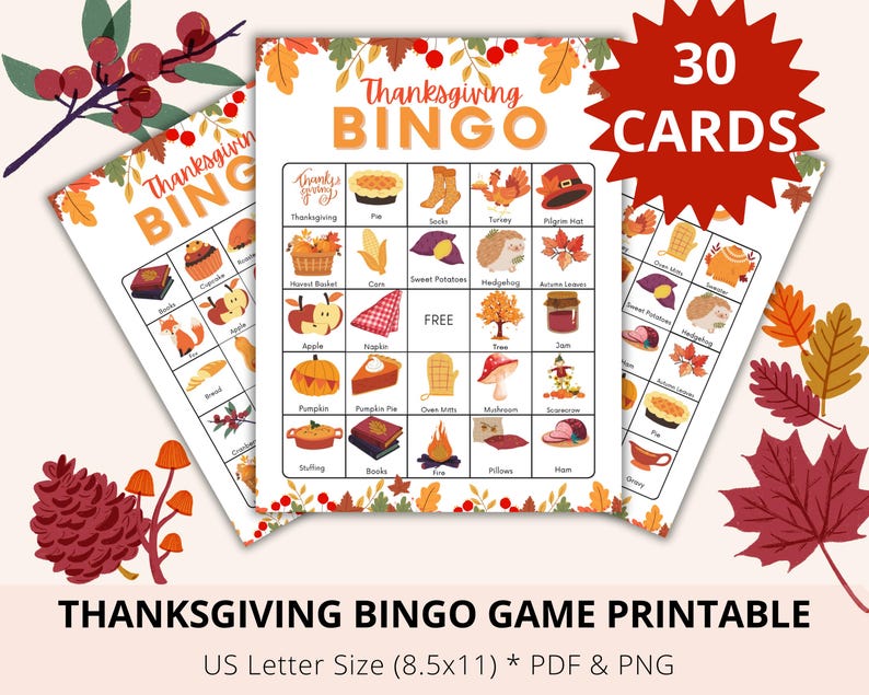 Thanksgiving Bingo Game Printable, 30 Cards, Bingo Game Printable ...
