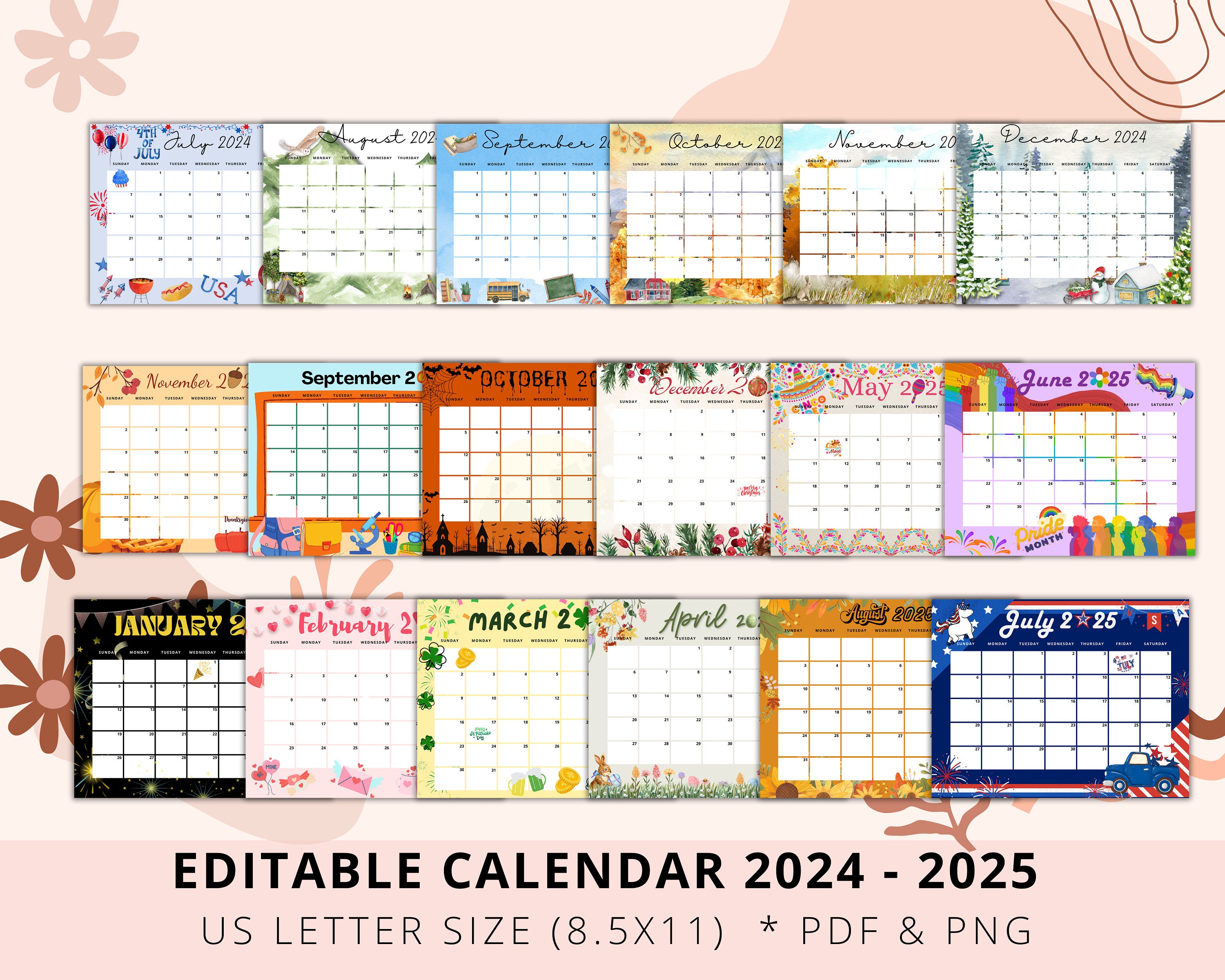 Editable Monthly Calendar 2024 2025, 18 Months, Back to School, Holiday ...