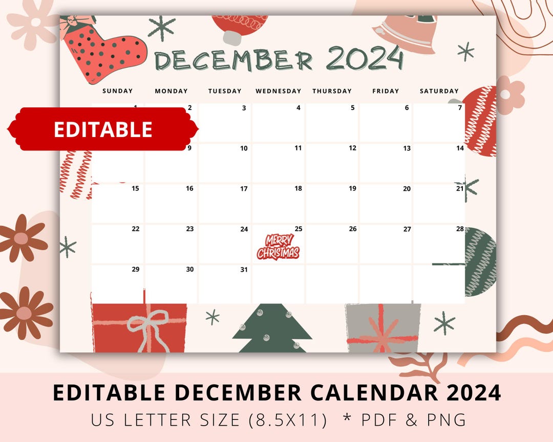 Editable Christmas 2024 Calendar, December Calendar 2024, Academic ...