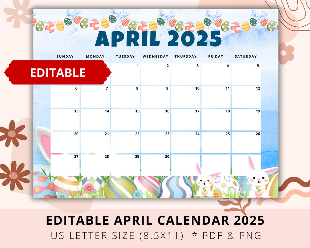 Editable April Calendar 2025, April 2025 Calendar, Easter Planner ...