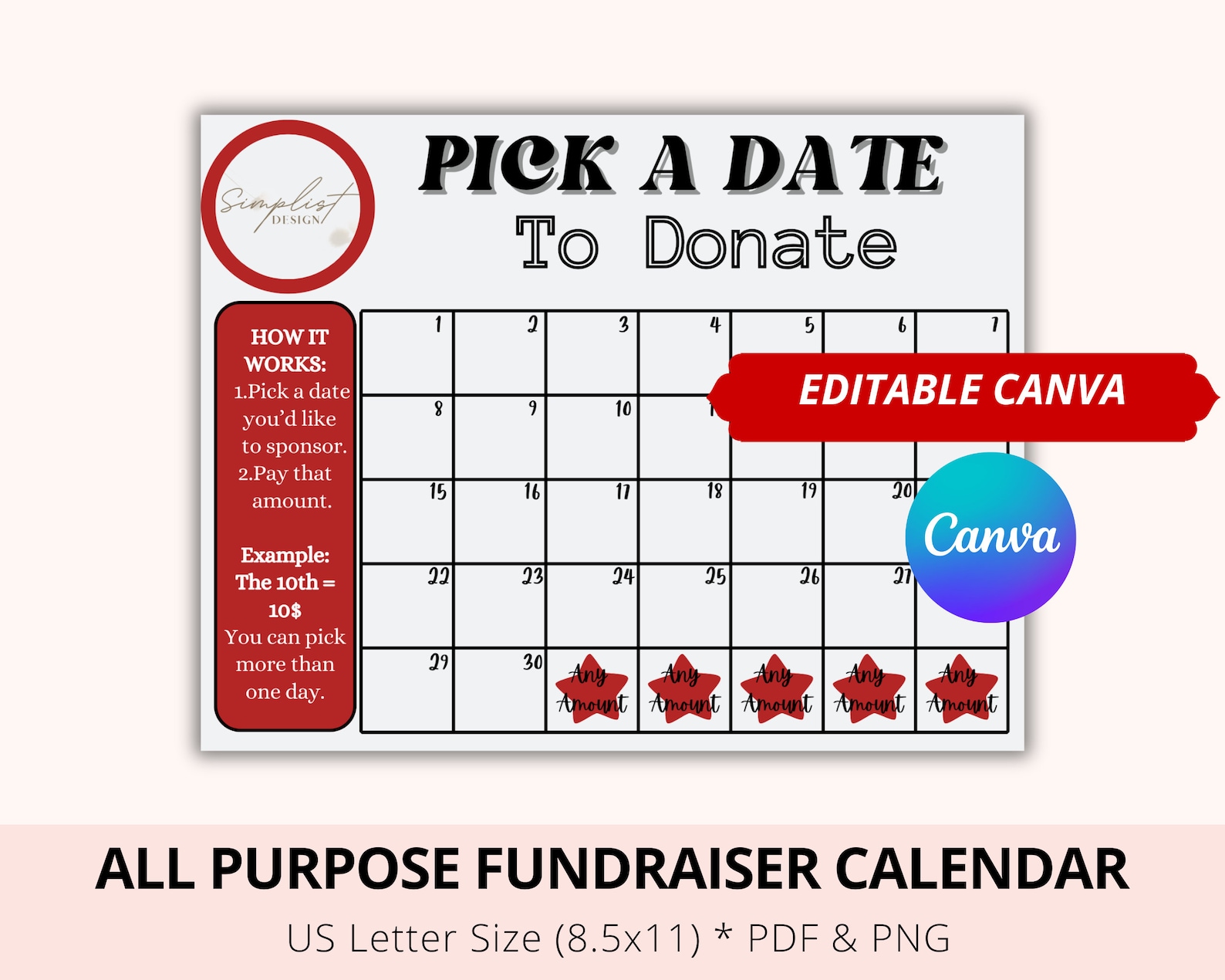 Editable All Purpose Pick a Date to Donate, Fundraiser Calendar, Red ...