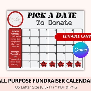 Editable All Purpose Pick a Date to Donate, Fundraiser Calendar, Red ...
