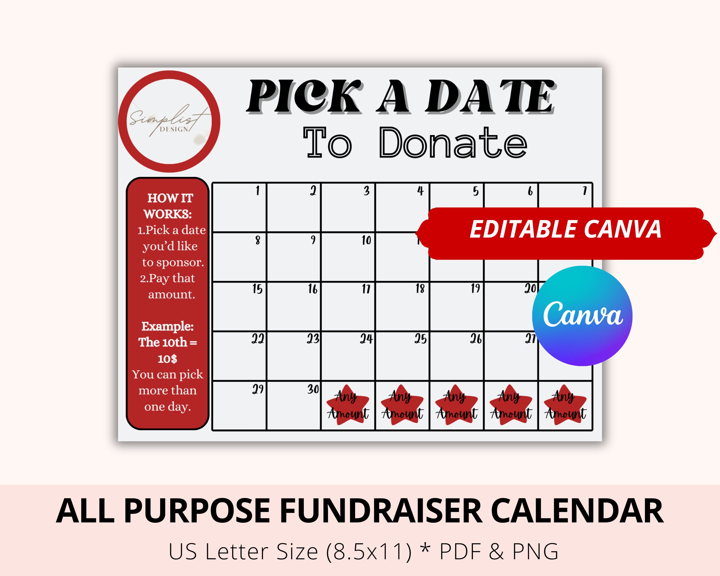 Editable All Purpose Pick a Date to Donate, Fundraiser Calendar, Red ...