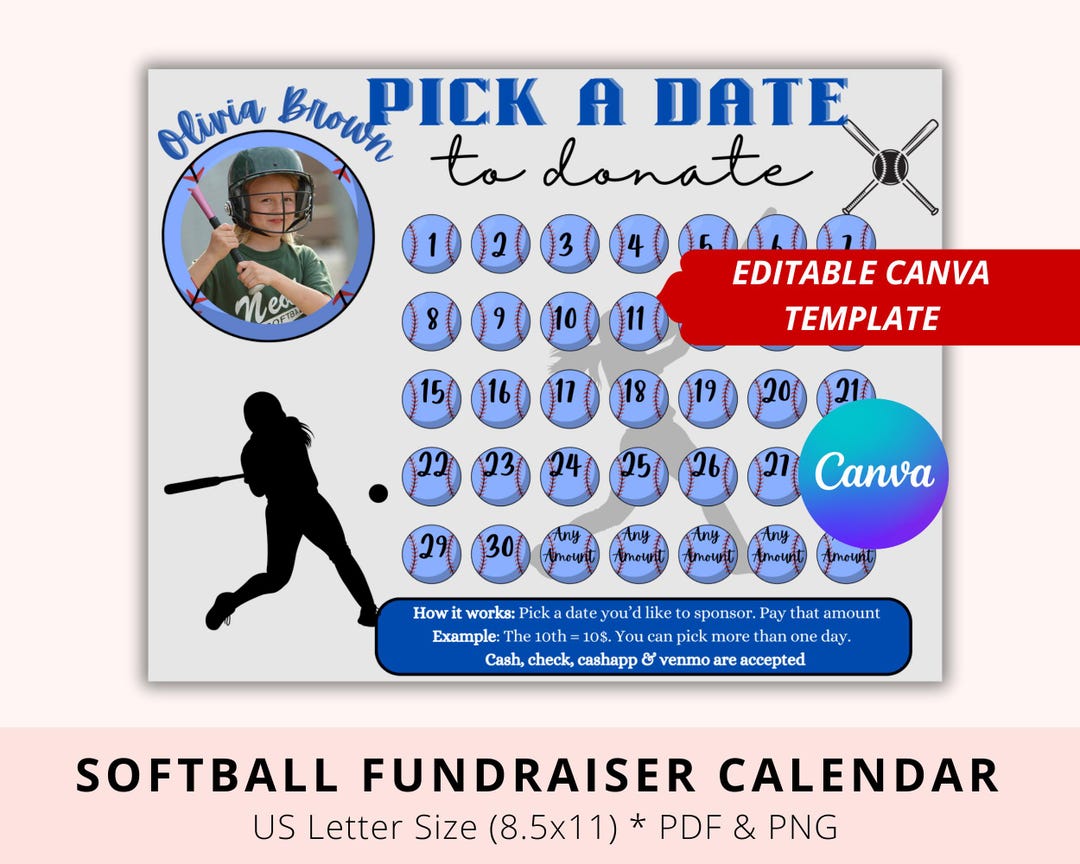 Editable Softball Pick a Date to Donate, Black Out My Board, Navy, Help ...