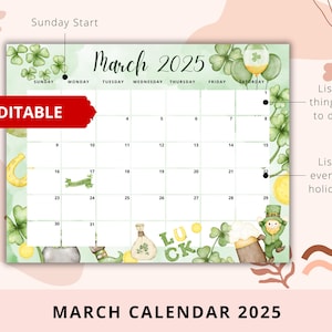 Editable March 2025 Calendar, St. Patrick's Day, Green Theme, March ...