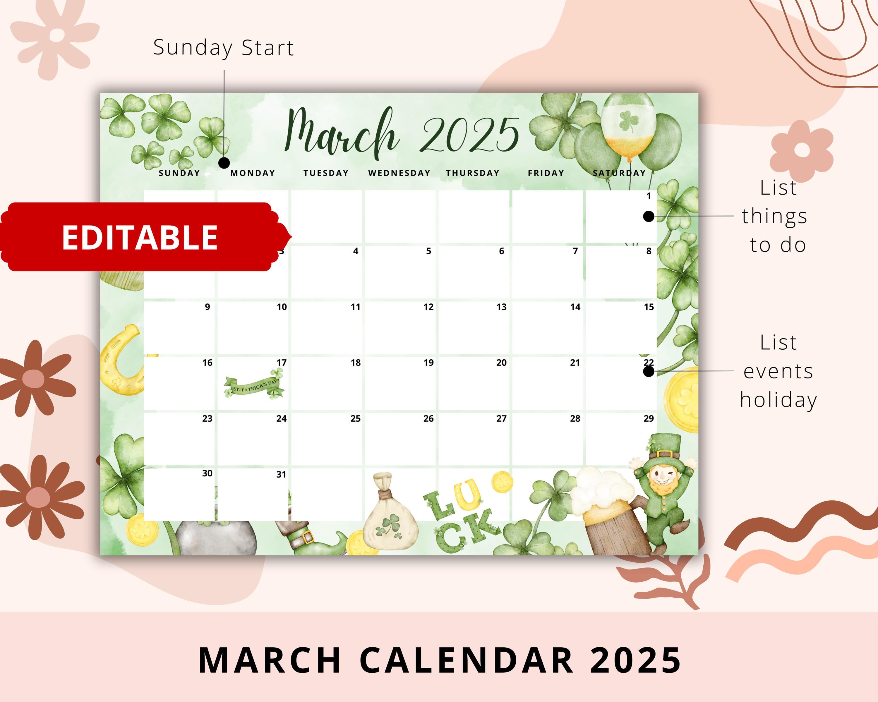 Editable March 2025 Calendar, St. Patrick's Day, Green Theme, March ...