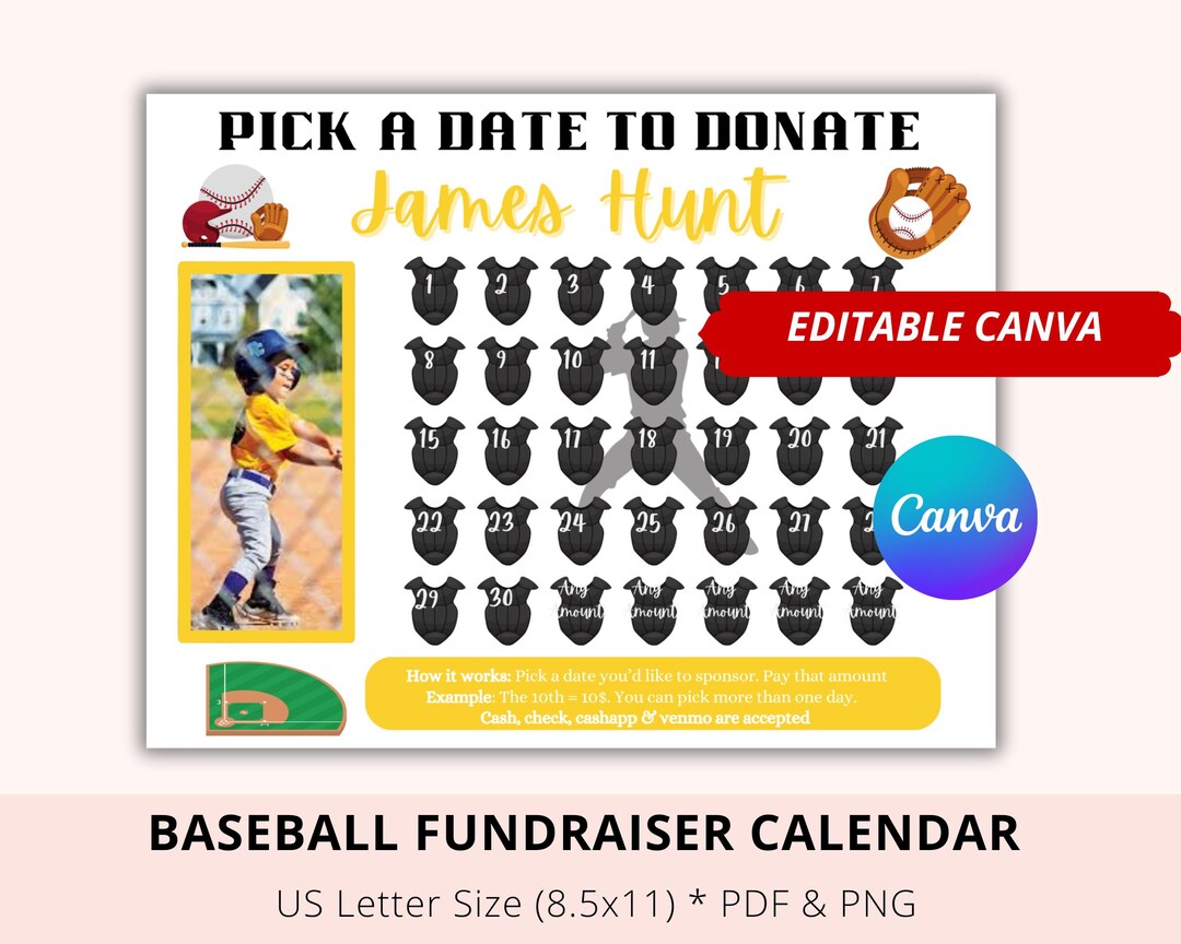 Editable Baseball Black Out My Board, Yellow, Fundraiser Calendar ...