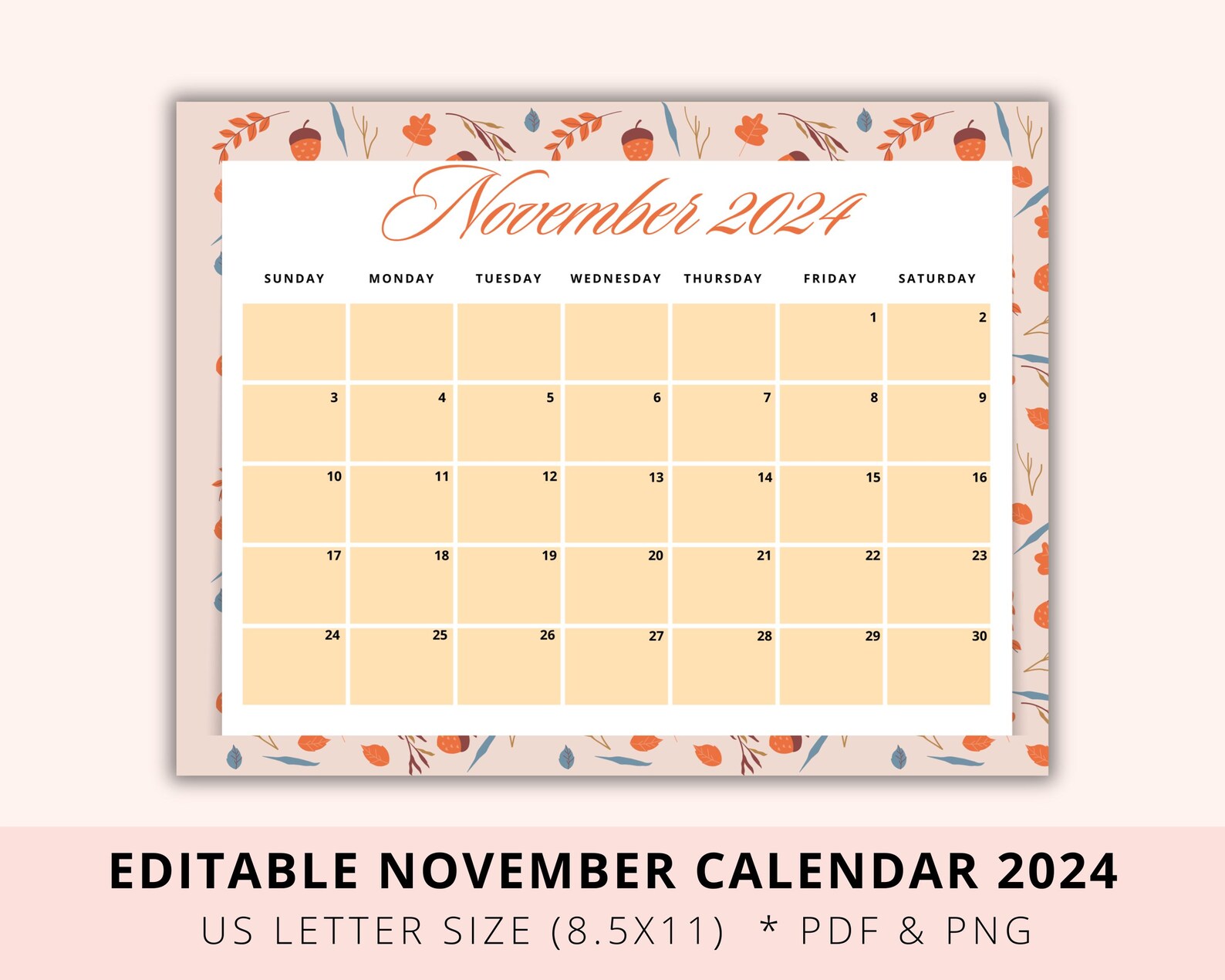 Editable Thanksgiving 2024 Calendar, November 2024 Calendar, Academic ...