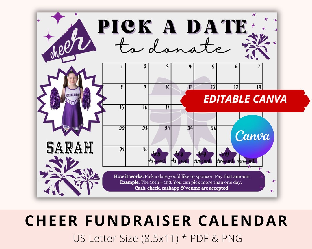 Editable Cheer Pick a Date to Donate, Fundraiser Calendar, Pay the Date ...