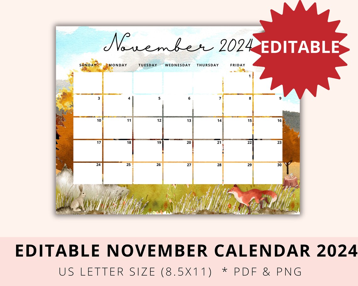 Editable Thanksgiving 2024 Calendar, November 2024 Calendar, Academic ...